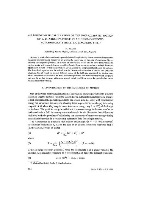 Pdf An Approximate Calculation Of The Non Adiabatic Motion Of A