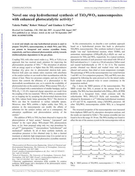 Pdf Novel One Step Hydrothermal Synthesis Of Tio2wo3 Nanocomposites