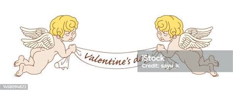 텍스트 발렌타인 데이를 포함하는 배너를 들고 두 개의 큐피드 채우기 포함 2명에 대한 스톡 벡터 아트 및 기타 이미지 2명 귀여운 낙서 드로잉 Istock