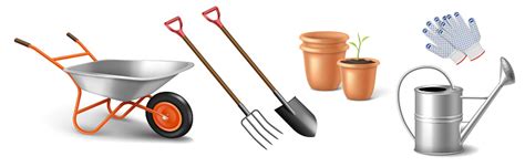 현실적인 원예 도구 수레 삽 피치 포크 장갑 화과 급수 캔세트 3차원 형태에 대한 스톡 벡터 아트 및 기타 이미지 3차원 형태 가정 생활 개체 그룹 Istock