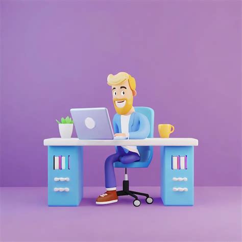 Cartoon Beard Handsome Character Casual Man Seat At Desk Working On