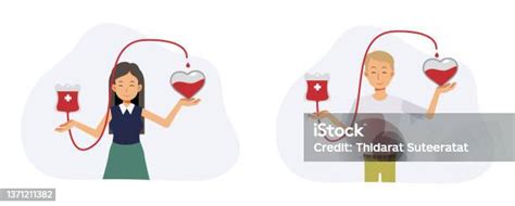 헌혈 개념자선 자원 봉사 남자와 여자는 심장 근처에 혈액을 기증 플랫 벡터 만화 캐릭터 일러스트레이션 가방에 대한 스톡 벡터 아트 및 기타 이미지 Istock