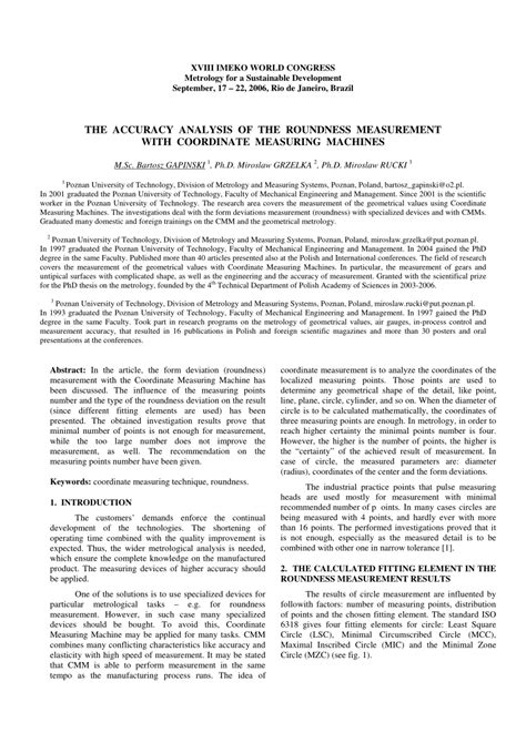 Pdf The Accuracy Analysis Of The Roundness Measurement With Coordinate Measuring Machines