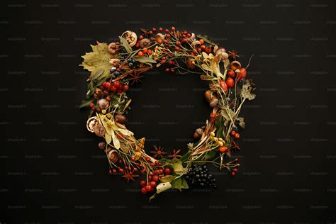 가을 화환 플랫 레이 가을은 검은 배경 평면도에 열매 견과류 도토리 꽃 허브가 있는 원을 나뭇잎 계절 인사말 텍스트를 위한 공간입니다 가을 모형 카드 사진