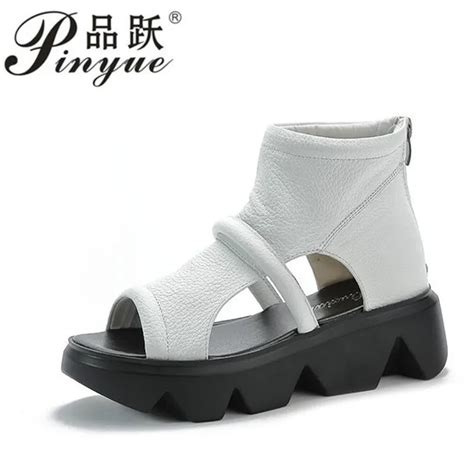 여성용 플랫 플랫폼 샌들 정품 가죽 수제 신발 여성용 슬립 온 샌들 여름중 힐 Aliexpress