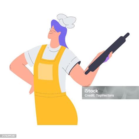빵집 와 여자 제빵사 캐릭터 에서 앞치마 들고 롤링 핀 벡터 일러스트 가정 주방에 대한 스톡 벡터 아트 및 기타 이미지 가정 주방 가정의 방 개념 Istock