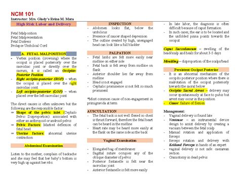 High Risk Labor And Delivery Fetal Malposition Presentation