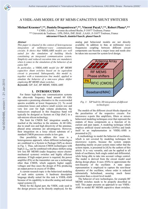 Pdf A Vhdl Ams Model Of Rf Mems Capacitive Shunt Switches
