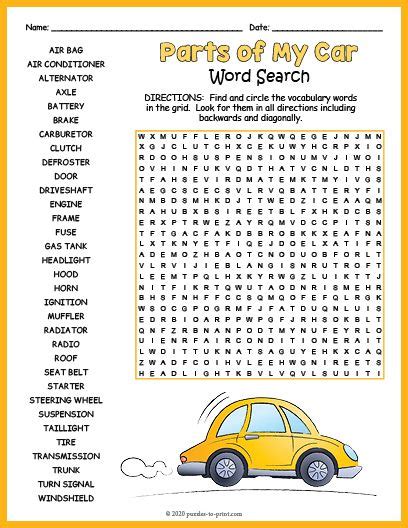 Free Printable Car Parts Word Search Car Parts Worksheet Car Parts