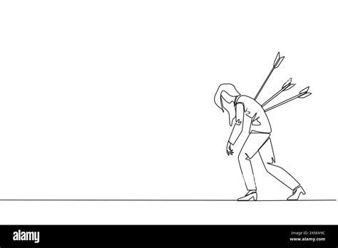 Single One Line Drawing Businesswoman Standing And Several Arrows Stuck In The Back Attacked