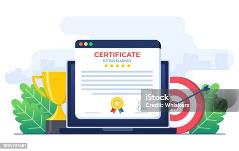인증서 개념 평면 일러스트 벡터 템플릿 수상 상금 및 감사 개념 온라인 교육 훈련 과정 E 러닝 디지털 인증서 프로그램 원격 및 원격 학습 개념에 대한 스톡 벡터 아트 및