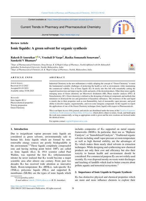Pdf Ionic Liquids A Green Solvent For Organic Synthesis