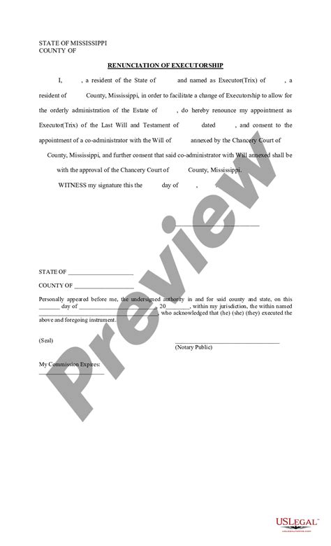 Mississippi Renunciation Of Executorship Resignation Of Executor Form Us Legal Forms