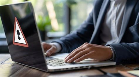 A Businessman Is Using A Laptop Computer That Has A Triangle Caution
