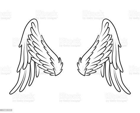 빈티지 전령 날개 스케치 낙서 양식에 일치시키는 새 날개 오픈 포지션에서 손으로 그린 윤곽이 있는 스티커 윙 색칠 스타일의 디자인 요소 개념에 대한 스톡 벡터 아트 및 기타