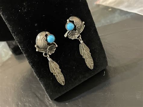 Vintage Sterling Silver And Turquoise Navajo Feather Earrings Flower