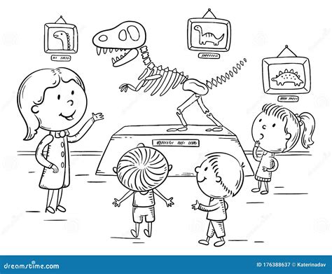 在恐龙或自然历史博物馆里游玩的孩子们，带着导游或老师，勾勒出一幅图 向量例证 插画 包括有 浏览 妇女 176388637