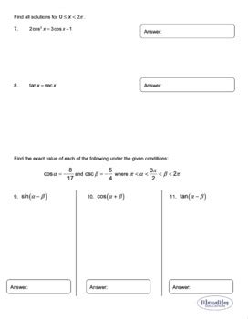 Precalculus Quizzes Solving Trig Equations Sum Difference Identities