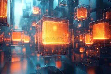 Orange Glowing Cubes Floating In A Dark Cyberspace Symbolizing Digital