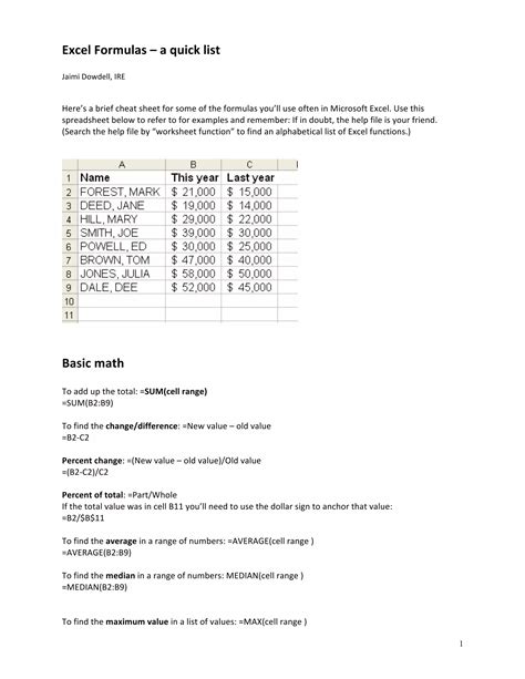 Excel Formulas A Quick List PDF