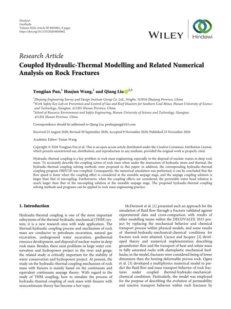 Pdf Coupled Hydraulic Thermal Modelling And Related Numerical