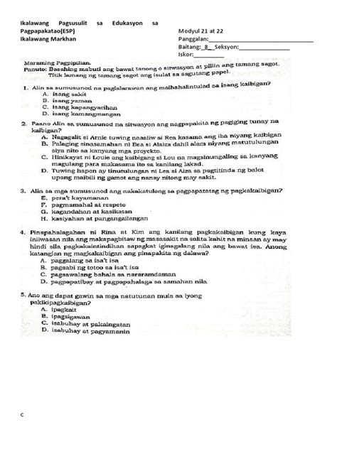 Esp 8 2nd Parallel Assessment Quarter 2 And Performance Task Part I Pdf