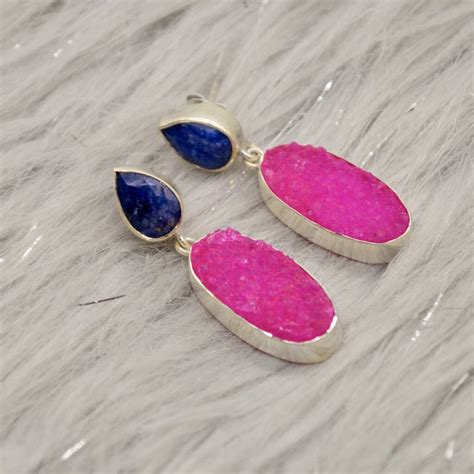 Blue Sapphire Pink Druzy Agate Silver Earrings By Mystic Pearls Jewelry