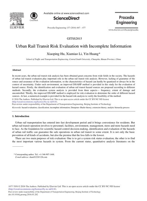 Pdf Urban Rail Transit Risk Evaluation With Incomplete Information
