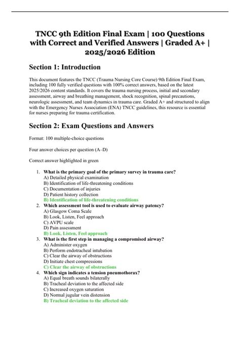 Tncc 9th Edition Final Exam 100 Verified Questions And Correct Answers A Graded 2025 2026