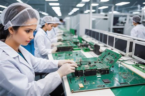 Woman Worker At Visual Inspection Of Pcb On Electronics Assembly Line