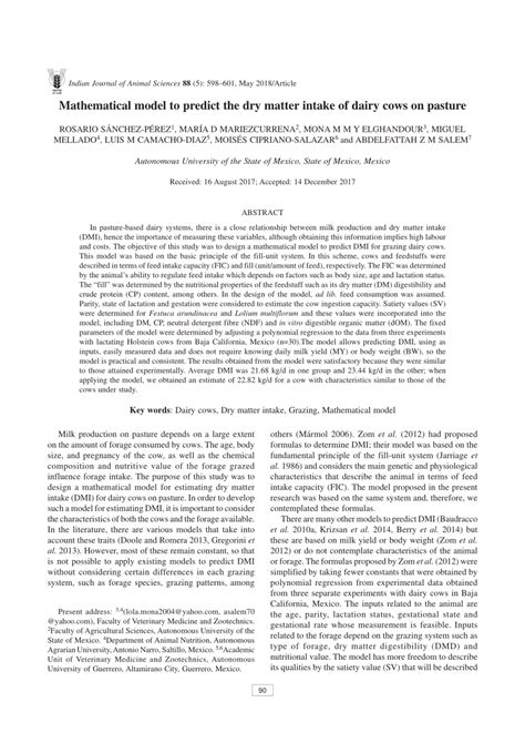 Pdf Mathematical Model To Predict The Dry Matter Intake Of Dairy Cows On Pasture