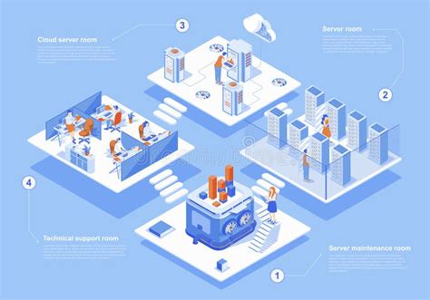 Data Center Concept 3d Isometric Web Scene With Infographic People Work In Server Maintenance