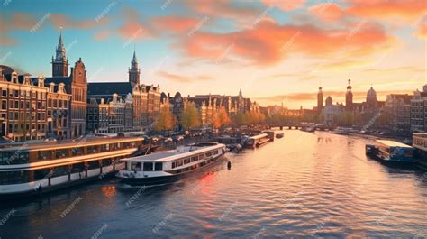 Premium Photo Evening Light Boat View Of Amsterdam City Ai Generated Art