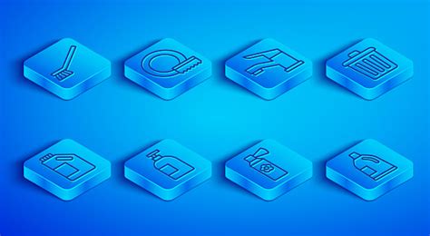 청소 설거지 수돗물 식기 세척 액체 병 공기 청정기 스프레이 쓰레기통 병 에이전트 및 아이콘을위한 세트 라인 브러시를 설정합니다 벡터 3차원 형태에 대한 스톡 벡터 아트 및