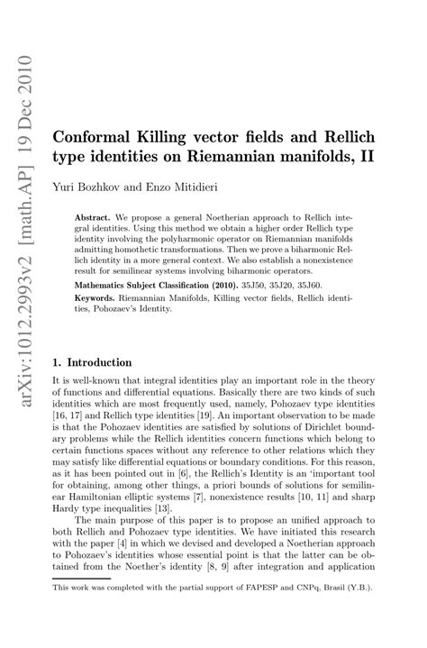 Pdf Conformal Killing Vector Fields And Rellich Type Identities On