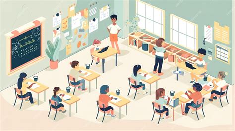 Classroom Scene With Illustrations Of A Teacher And Students In A