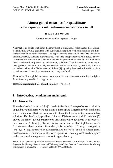 Pdf Almost Global Existence For Quasilinear Wave Equations With Inhomogeneous Terms In 3d
