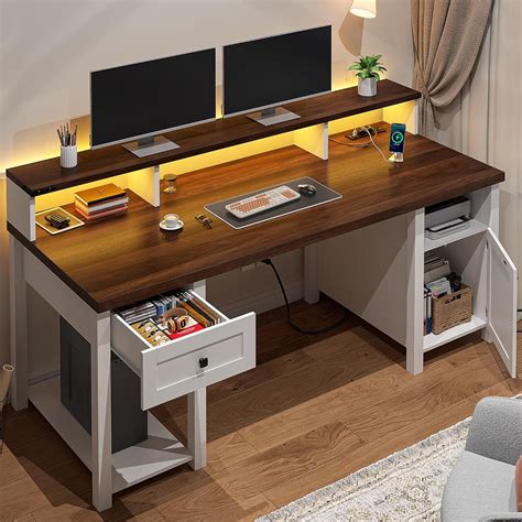 Enhomee 55 Computer Desk With Drawers Farmhouse Desk With Long Monitor Stand
