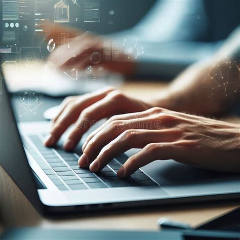 a pair of hands typing on a laptop keyboard graphical elements include