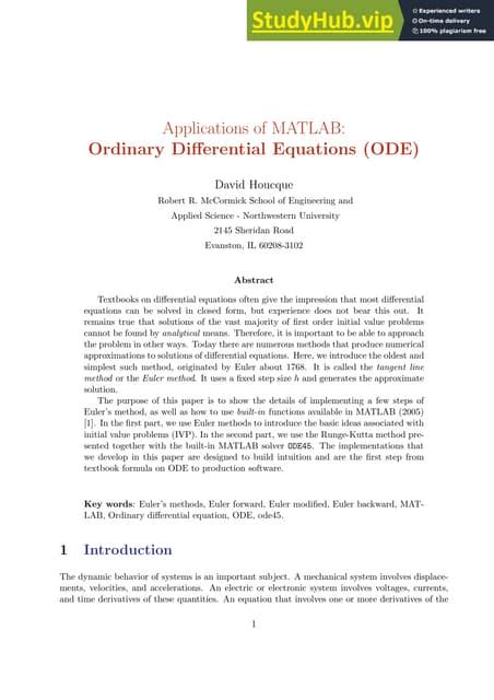 Applications Of Matlab Ordinary Differential Equations Ode Pdf Physics Science