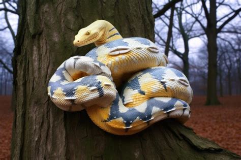 premium ai image albino python wrapped around a tree trunk created