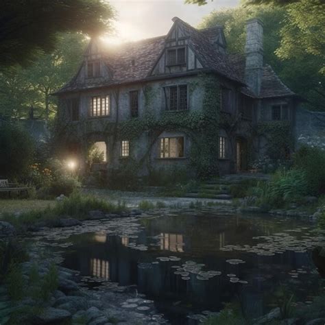 Premium Ai Image Medieval Stone Mansion Near Small Pond And Green Gardens