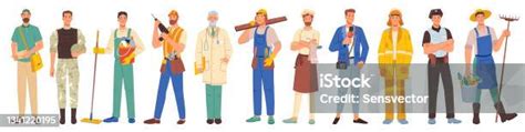 노동자 직업 고립 평면 만화 사람들이 설정 벡터 경찰관 소방관 빌더 및 요리사 의사와 농부 기자와 군인 우체부 청소기 다른 직업 남자 노동자 경찰관에 대한 스톡 벡터 아트