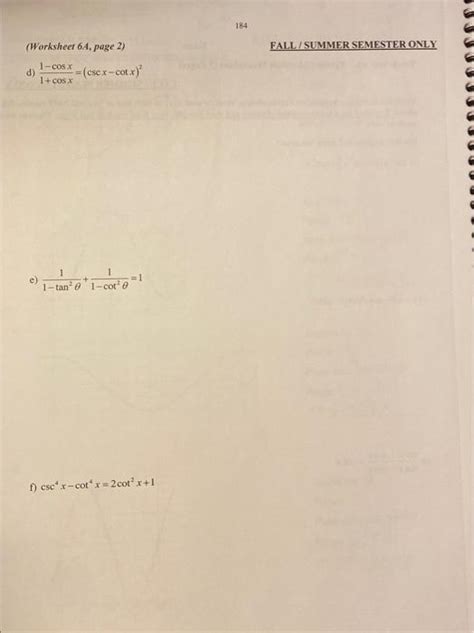 Solved 183 Math 109 Name Worksheet 6 A Proving Identities