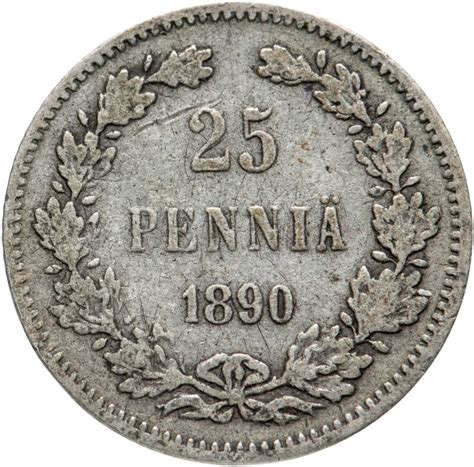 Монета Александра III 25 пенни (pennia) 1890 L стоимостью 840 руб.