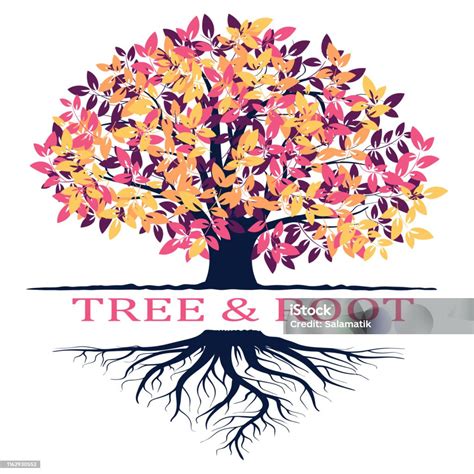 단풍나무의 가을 실루엣 뿌리가있는 나무 흰색 배경에 격리 복고풍 80 년대 스타일 색상입니다 벡터 일러스트레이션 0명에 대한