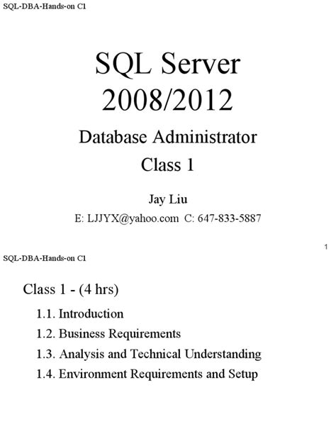 Sql Server 20082012 Database Administrator Class 1 Pdf Databases