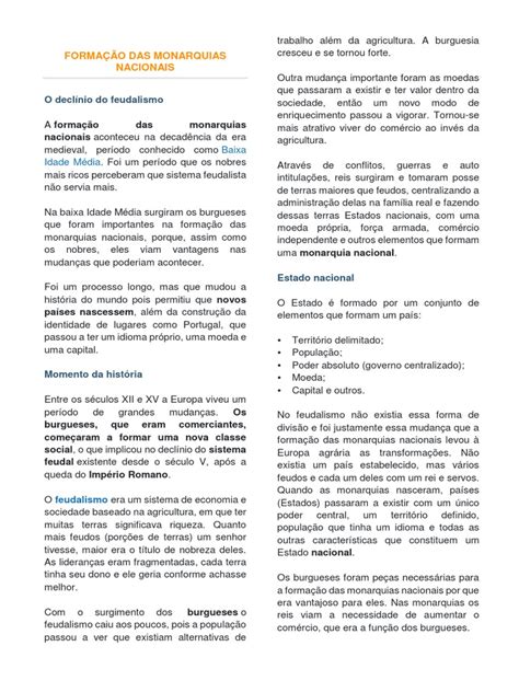 Formação Das Monarquias Nacionais Pdf Feudalismo Burguesia