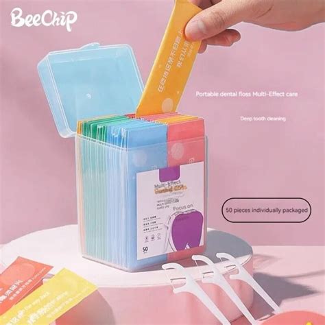 【hot】 50 Individually Wrapped Floss Portable Box Floss Pick Portable Case Cleaning Between Teeth