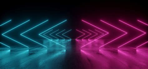 네온 조명 공상 과학 소설 미래 화살표 모양의 활기찬 보라색 파란색 그런 지 콘크리트 바닥 천장 지하 차고 터널 복도 어두운 빈 가상 3d 렌더링에 빛나는 0명에 대한 스톡